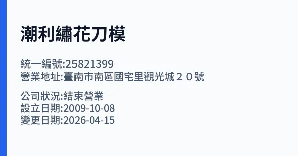 潮利繡花刀模的照片-統編 25821399(臺南市) 公司登記資料與營業項目詳細圖表