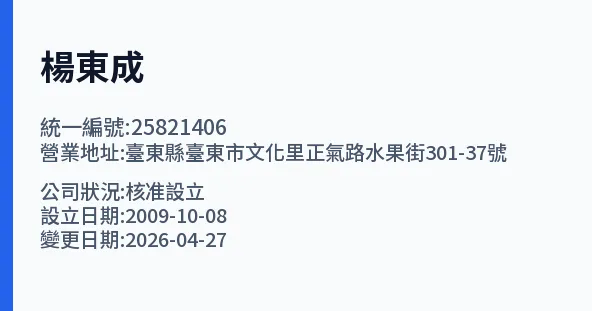 楊東成的照片-統編 25821406(臺東縣) 公司登記資料與營業項目詳細圖表