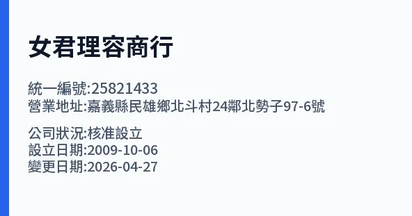 女君理容商行的照片-統編 25821433(嘉義縣) 公司登記資料與營業項目詳細圖表