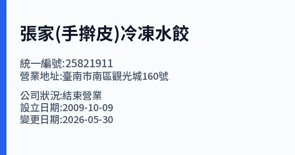 張家(手擀皮)冷凍水餃的照片-統編 25821911(臺南市) 公司登記資料與營業項目詳細圖表