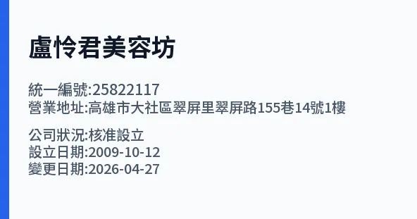 盧怜君美容坊的照片-統編 25822117(高雄市) 公司登記資料與營業項目詳細圖表