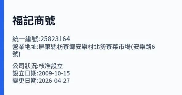 福記商號的照片-統編 25823164(屏東縣) 公司登記資料與營業項目詳細圖表