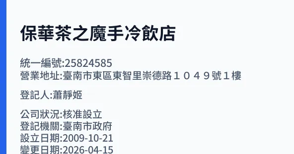 保華茶之魔手冷飲店的照片-統編 25824585(臺南市) 公司登記資料與營業項目詳細圖表