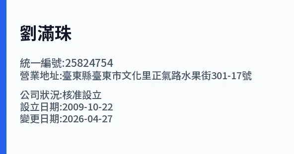 劉滿珠的照片-統編 25824754(臺東縣) 公司登記資料與營業項目詳細圖表