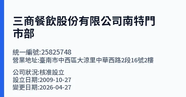 三商餐飲股份有限公司南特門市部的照片-統編 25825748(臺南市) 公司登記資料與營業項目詳細圖表