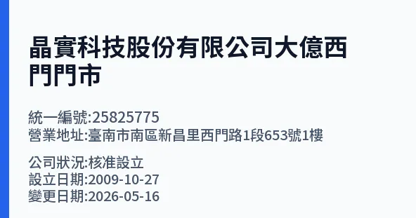 晶實科技股份有限公司大億西門門市的照片-統編 25825775(臺南市) 公司登記資料與營業項目詳細圖表