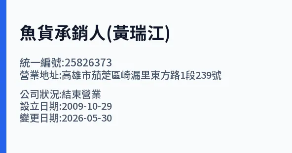 魚貨承銷人(黃瑞江)的照片-統編 25826373(高雄市) 公司登記資料與營業項目詳細圖表