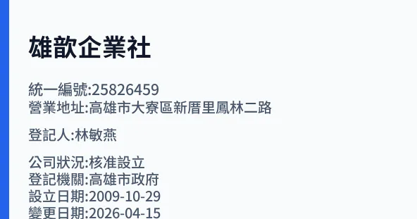 雄歆企業社的照片-統編 25826459(高雄市) 公司登記資料與營業項目詳細圖表