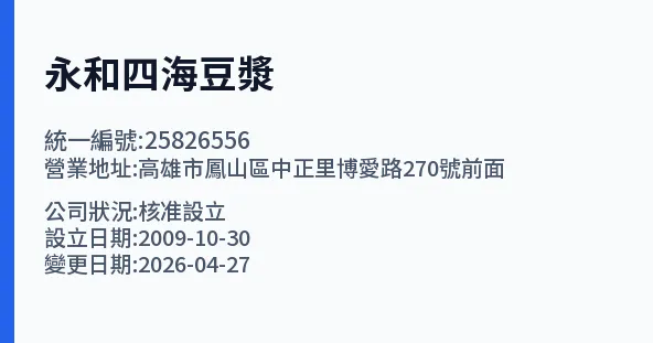 永和四海豆漿的照片-統編 25826556(高雄市) 公司登記資料與營業項目詳細圖表