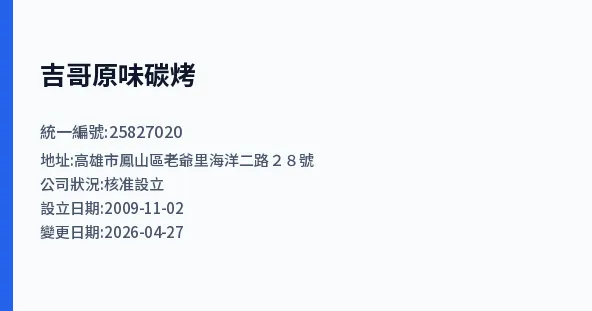 吉哥原味碳烤的照片-統編 25827020(高雄市) 公司登記資料與營業項目詳細圖表