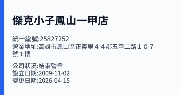 傑克小子鳳山一甲店的照片-統編 25827252(高雄市) 公司登記資料與營業項目詳細圖表