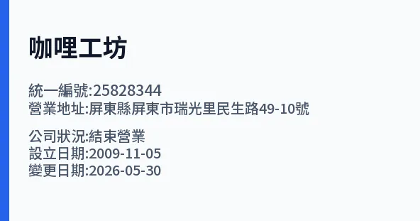 咖哩工坊的照片-統編 25828344(屏東縣) 公司登記資料與營業項目詳細圖表