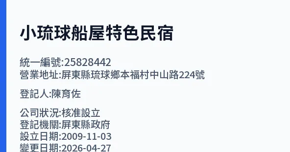 小琉球船屋特色民宿的照片-統編 25828442(屏東縣) 公司登記資料與營業項目詳細圖表