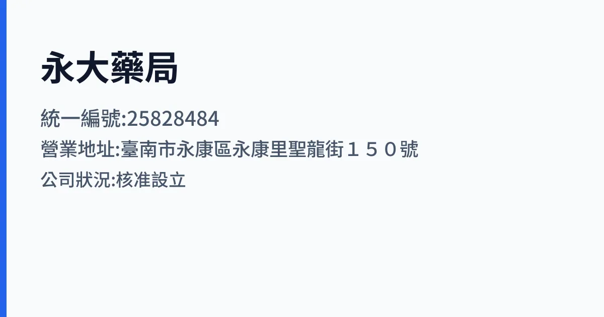 永大藥局 - 統編 25828484(臺南市) 公司登記資料與營業項目詳細圖表