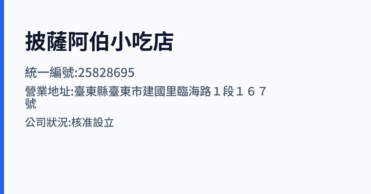 披薩阿伯小吃店 - 統編 25828695(臺東縣) 公司登記資料與營業項目詳細圖表