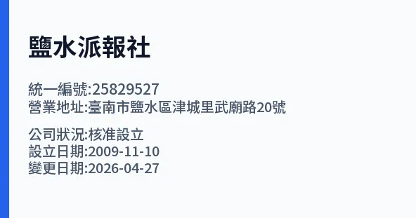 鹽水派報社的照片-統編 25829527(臺南市) 公司登記資料與營業項目詳細圖表