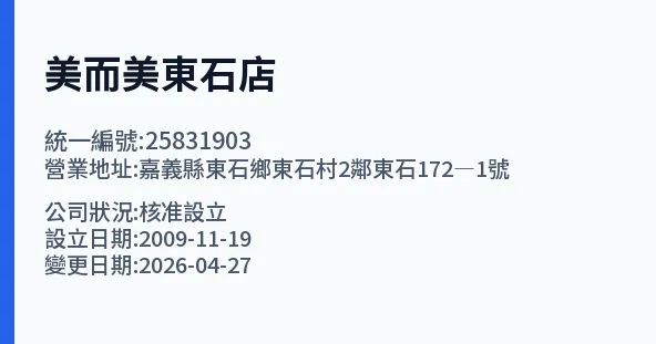 美而美東石店的照片-統編 25831903(嘉義縣) 公司登記資料與營業項目詳細圖表