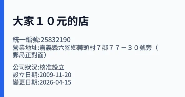 大家１０元的店的照片-統編 25832190(嘉義縣) 公司登記資料與營業項目詳細圖表
