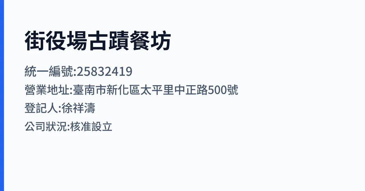 街役場古蹟餐坊 - 統編 25832419(臺南市) 公司登記資料與營業項目詳細圖表