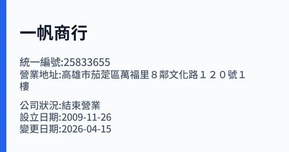 一帆商行的照片-統編 25833655(高雄市) 公司登記資料與營業項目詳細圖表