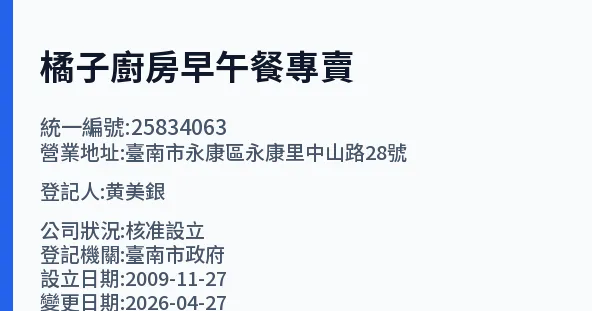 橘子廚房早午餐專賣的照片-統編 25834063(臺南市) 公司登記資料與營業項目詳細圖表