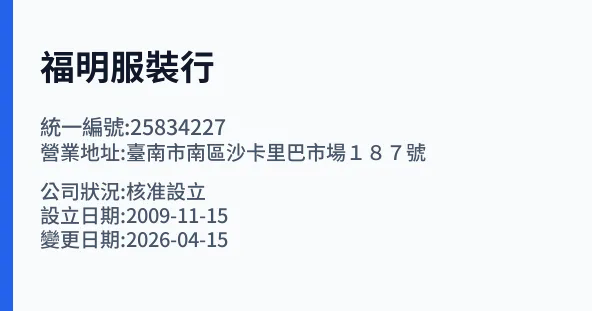 福明服裝行的照片-統編 25834227(臺南市) 公司登記資料與營業項目詳細圖表