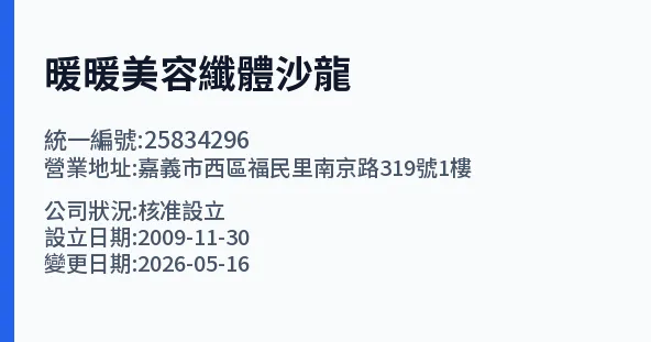 暖暖美容纖體沙龍的照片-統編 25834296(嘉義市) 公司登記資料與營業項目詳細圖表