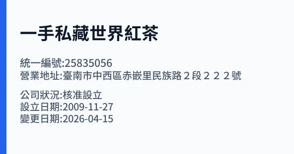 一手私藏世界紅茶的照片-統編 25835056(臺南市) 公司登記資料與營業項目詳細圖表