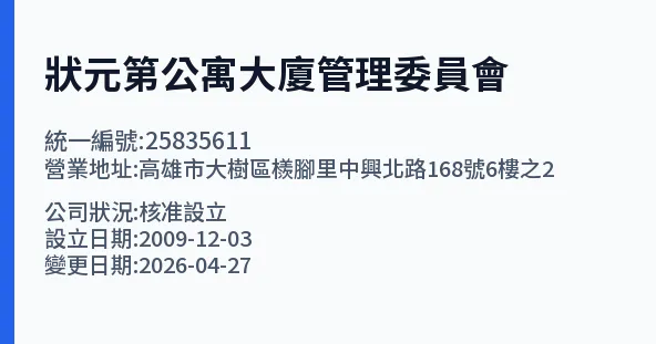 狀元第公寓大廈管理委員會的照片-統編 25835611(高雄市) 公司登記資料與營業項目詳細圖表