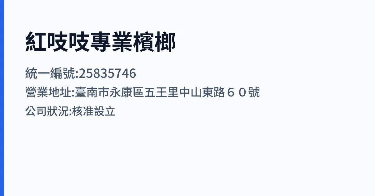 紅吱吱專業檳榔 - 統編 25835746（臺南市） 公司登記資料與營業項目詳細圖表