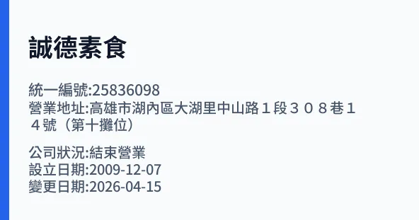 誠德素食的照片-統編 25836098(高雄市) 公司登記資料與營業項目詳細圖表