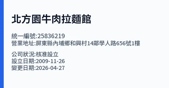 北方園牛肉拉麵館的照片-統編 25836219(屏東縣) 公司登記資料與營業項目詳細圖表