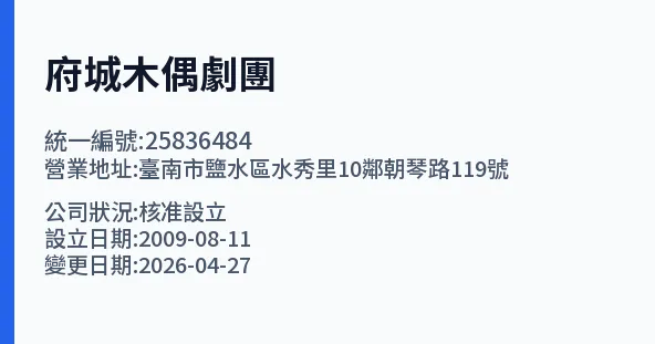 府城木偶劇團的照片-統編 25836484(臺南市) 公司登記資料與營業項目詳細圖表