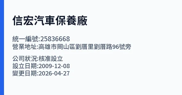 信宏汽車保養廠的照片-統編 25836668(高雄市) 公司登記資料與營業項目詳細圖表