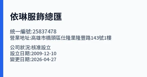 依琳服飾總匯的照片-統編 25837478(高雄市) 公司登記資料與營業項目詳細圖表