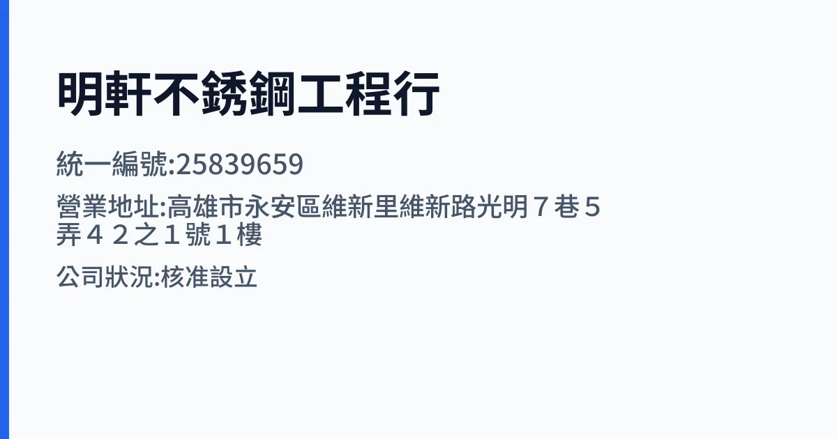明軒不銹鋼工程行 - 統編 25839659(高雄市) 公司登記資料與營業項目詳細圖表