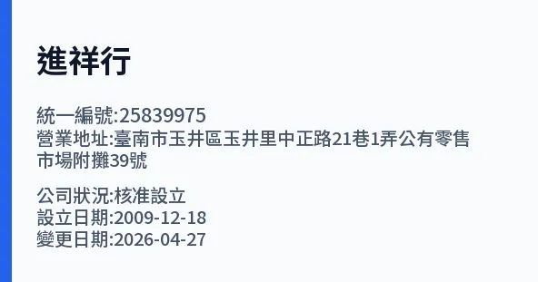 進祥行的照片-統編 25839975(臺南市) 公司登記資料與營業項目詳細圖表
