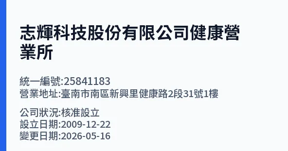 志輝科技股份有限公司健康營業所的照片-統編 25841183(臺南市) 公司登記資料與營業項目詳細圖表