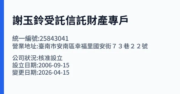 謝玉鈴受託信託財產專戶的照片-統編 25843041(臺南市) 公司登記資料與營業項目詳細圖表