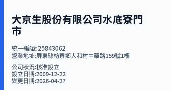 大京生股份有限公司水底寮門市的照片-統編 25843062(屏東縣) 公司登記資料與營業項目詳細圖表