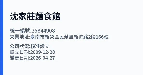 沈家莊麵食館的照片-統編 25844908(臺南市) 公司登記資料與營業項目詳細圖表