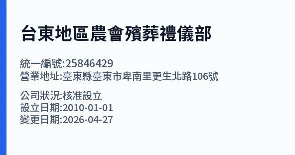 台東地區農會殯葬禮儀部的照片-統編 25846429(臺東縣) 公司登記資料與營業項目詳細圖表