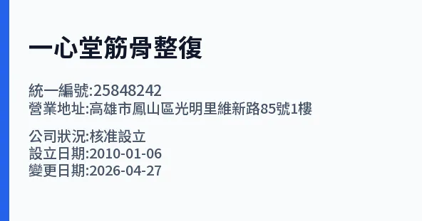 一心堂筋骨整復的照片-統編 25848242(高雄市) 公司登記資料與營業項目詳細圖表
