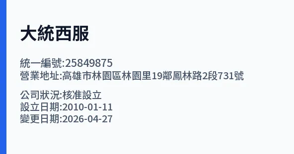 大統西服的照片-統編 25849875(高雄市) 公司登記資料與營業項目詳細圖表