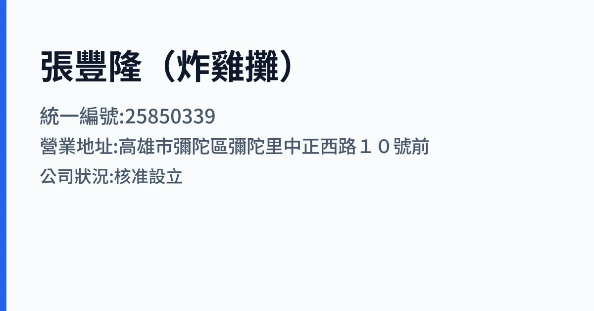 張豐隆（炸雞攤） - 統編 25850339（高雄市） 公司登記資料與營業項目詳細圖表