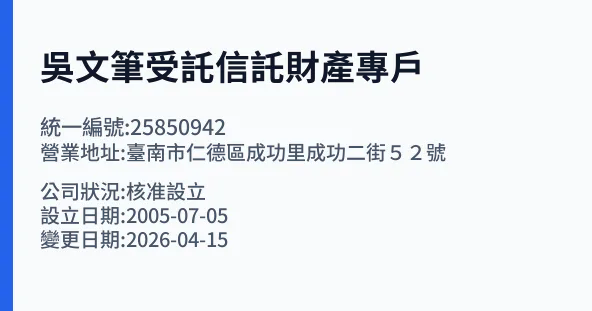 吳文筆受託信託財產專戶的照片-統編 25850942(臺南市) 公司登記資料與營業項目詳細圖表