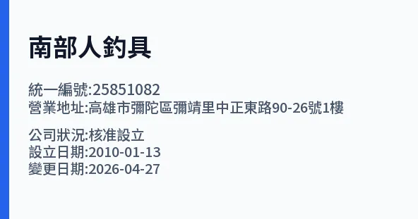 南部人釣具的照片-統編 25851082(高雄市) 公司登記資料與營業項目詳細圖表