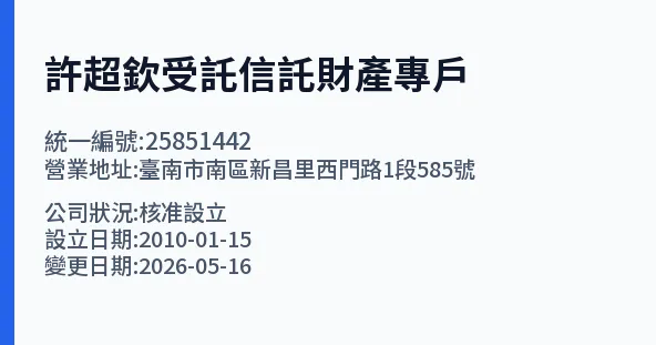 許超欽受託信託財產專戶的照片-統編 25851442(臺南市) 公司登記資料與營業項目詳細圖表