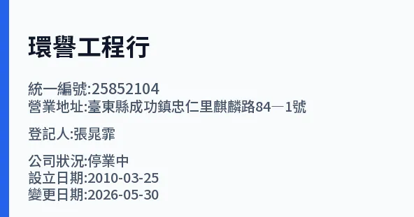 環譽工程行的照片-統編 25852104(臺東縣) 公司登記資料與營業項目詳細圖表