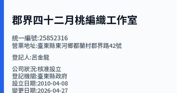 郡界四十二月桃編織工作室的照片-統編 25852316(臺東縣) 公司登記資料與營業項目詳細圖表